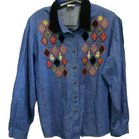 Koret | Tops | Koret Button Down Shirt Top Blue Chambray Diamond Design ...